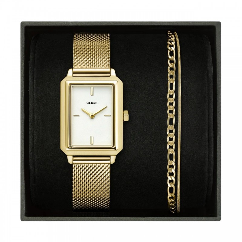 Coffret Montre Fluette Steel, cadran rectangle blanc & bracelet doré