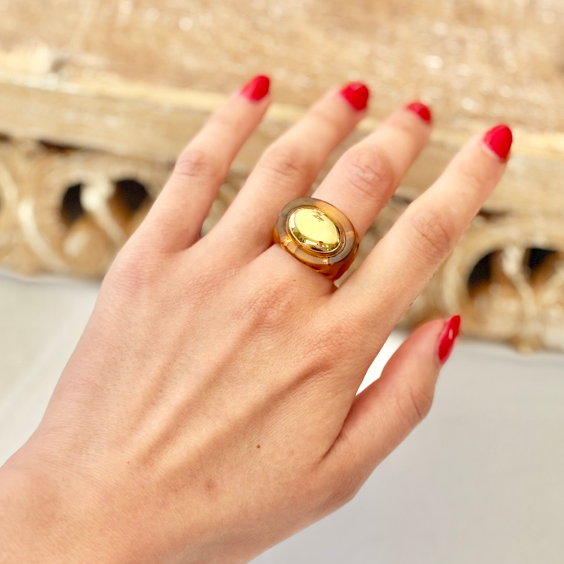 Bague large TORTOISE SHELL résine AMBRE MIEL - Cabochon ovale doré ...