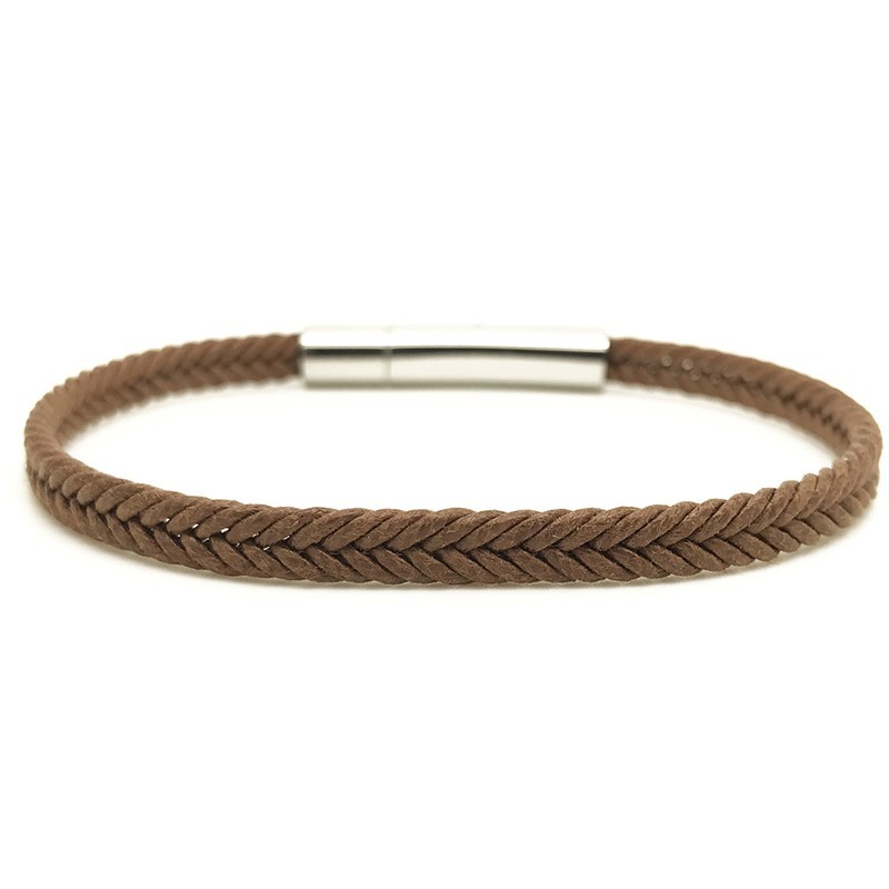 Bracelet fin Mixte métal & coton ciré tressé marron clair TAILLE M
