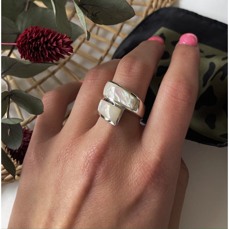 Bague large en argent RUBAN - Anneau design croisé & Nacre blanche TAILLE 56