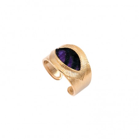 Bague large ajustable MIKONA dorée - Anneau & Oeil plume de faisan violet