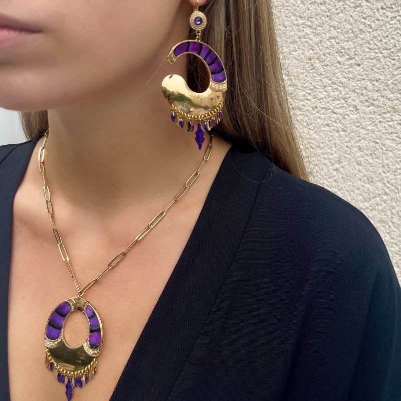 Boucles d'oreilles Pendantes MIKONA Or - Plumes de faisan violet beige ...