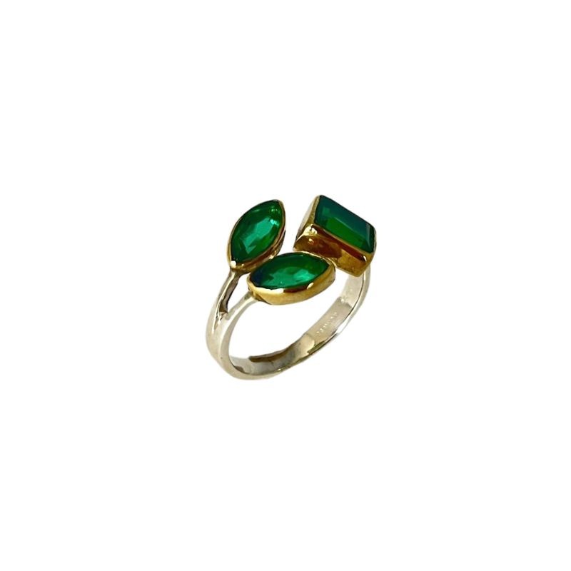 Bague anneau argent - Onyx vert cabochon ovale, carré & rond TAILLE 54